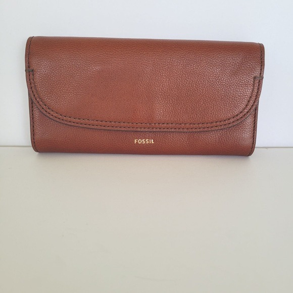 Fossil | Bags | Fossil Cleo Flap Clutch Brandy Brown Leather Wallet ...